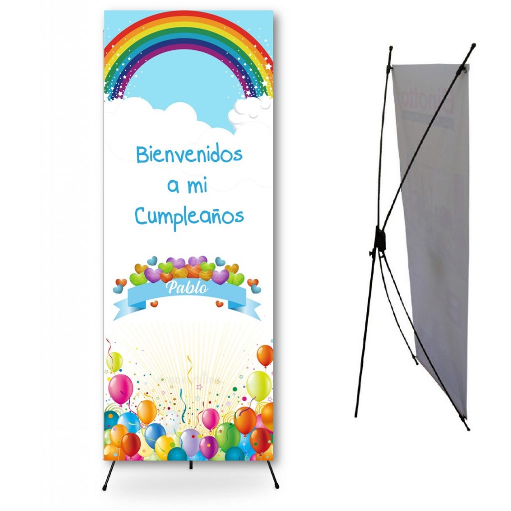 Cartel Banner para cumpleaños. Modelo Arco iris, sobre cielo azul ...